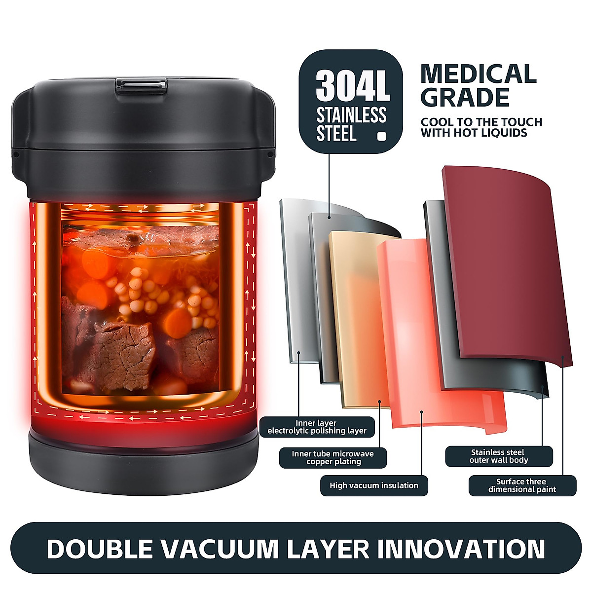 Yelocota Thermos for Hot Food- 67 Ounce Wide Mouth Insulated Soup Container- 18/10 Stainless Steel Lunch Food Jar with 3 Tiers Leak-Proof Stackable Thermal Lunch Box,Fork,Spoon and Bag