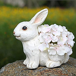 HDNICEZM Garden Statue Cute Rabbit Figurine with Flower Lights Warm White LED -Battery Powered Remote Control Rabbit Statue Night Light Home Garden for Backyard Pathway Patio