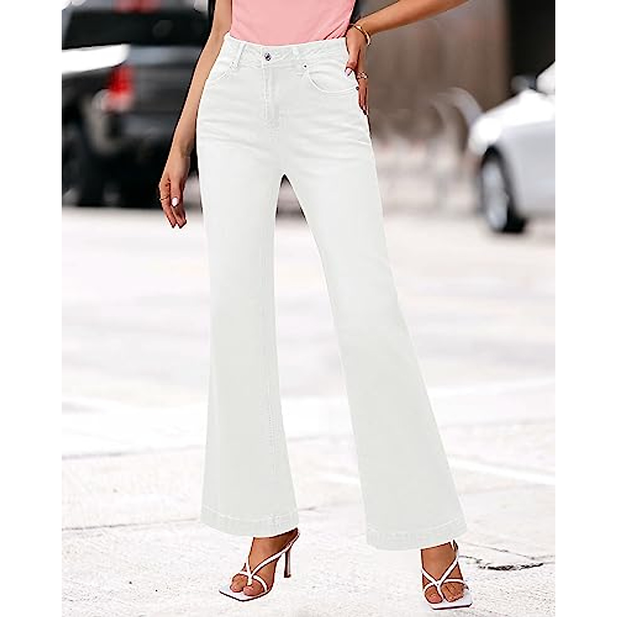 LookbookStore Wide Leg Pants High Waisted Pants for Women Mom Jeans High Waisted Womens White Jeans Womens Flare Jeans Womens Baggy Jeans Brilliant White Size Large Fits Size 12 14