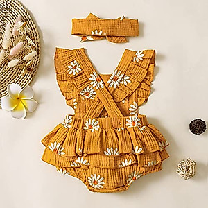 PATPAT Newborn Baby Girl Clothes Daisy Print Crepe Fabric Baby Romper Set Infant Girl Outfits 2PC Set 100% Cotton(Ginger,6-9 Months)