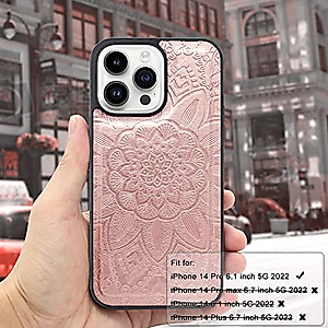 Harryshell Compatible with iPhone 14 Pro 6.1 inch 5G 2022 Wallet Case Detachable Magnetic Cover Zipper Cash Pocket Multi Card Slots Holder Wrist Strap Lanyard (Floral Rose Gold)