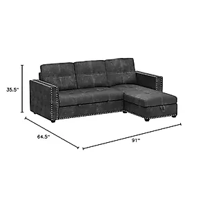 Morden Fort Sectional Sleeper Sofa with Pull Out Bed Storage, Queen Size 91 inches Sofa Bed, L-Shape Sectional Couch with Comfy Chaise Seat Sectional Sleeper Couch for Living Room, Black