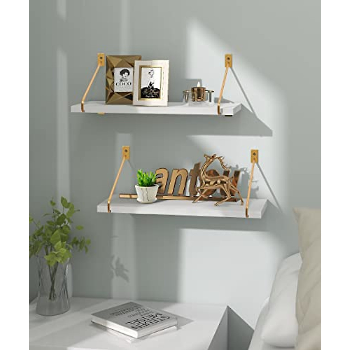 Gronda White Floating Shelves Set of 2, Modern Floating Shelves Wall Mounted with Gold Bracket Wall Shelves for Living Room Bathroom Bedroom Kitchen Office