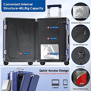 SOMODE Airline Approved Carry On Luggage with Spinner Wheels,Aluminum Framed Carry On Suitcase with Front Laptop Compartment/Cup Holder,22×14×9 inch Checked-in Luggage with Flexible Handle (Blue)