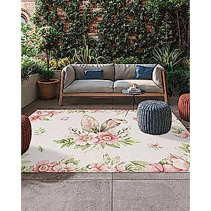 Easter Outdoor Rug for Patio/Deck/Porch, Non-Slip Area Rug 5x8 Ft, Bunny Ears Pink Spring Floral Botanical Rustic Burlap Indoor Outdoor Rugs Washable Area Rugs, Reversible Camping Rug Carpet Runner