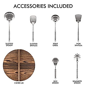 Carbon Steel Wok, 7 Pcs Wok Pan with Wooden Lid & Handle Stir-Fry Pans 12.8" Chinese Wok Flat Bottom Wok with Cookware Accessories Suitabe for all Stoves (Black)