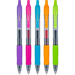 PILOT G2 Premium Refillable and Retractable Rolling Ball Gel Pens, Fine Point, Purple/Pink/Turquoise/Orange/Lime Inks, 5-Pack (31266)