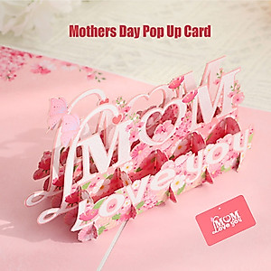 Wazoci Happy Mothers Day Pop Up Card with Envelope, Mother's Day Card for Mom, Happy Birthday Mom Card, 3d Love You Mom Card for Wife, Grandma, Her, Daughter (Pink)