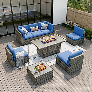UIXE Outdoor Patio Furniture Sets with Propane Fire Pit Table, 8 Pieces Wicker Patio Sectional Sofa Lounge Couch Seating PE Rattan Conversation Set Includes 45" Gas Fire Table, Navy Blue