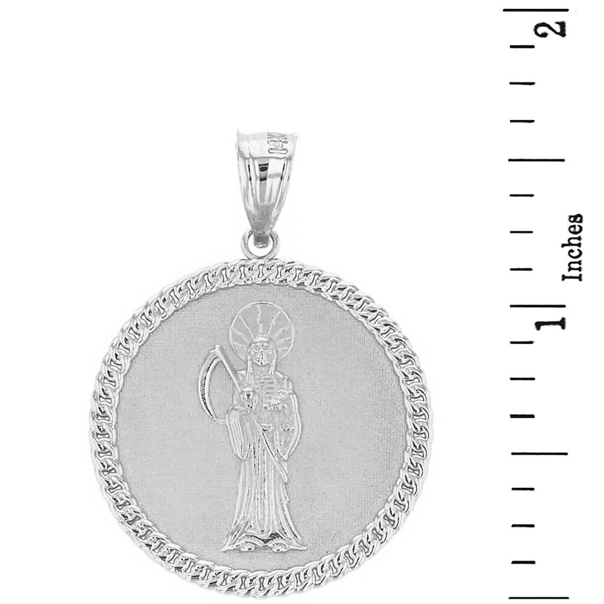 Sterling Silver Santa Muerte (Grim Reaper) Cuban Link Frame Round Medal Pendant