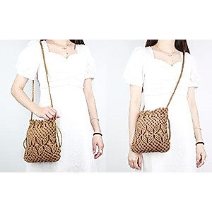 Meyaus Women Small Cotton Crochet Crossbody Bag Summer Beach Drawstring Shoulder Bag Purse