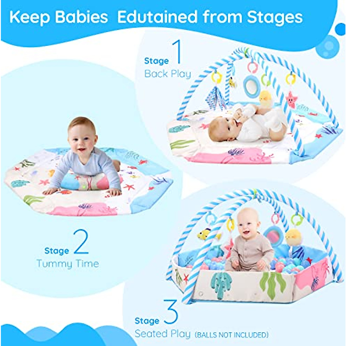 5-in-1 Baby Play Mat, Thickened Tummy Time Mat & Ball Pit Ocean Theme Baby Activity Mat with Net, Non-Slip & Washable for 3-18M Baby Motor&Cognition Development, 39.4x43.3x18.5 Inch