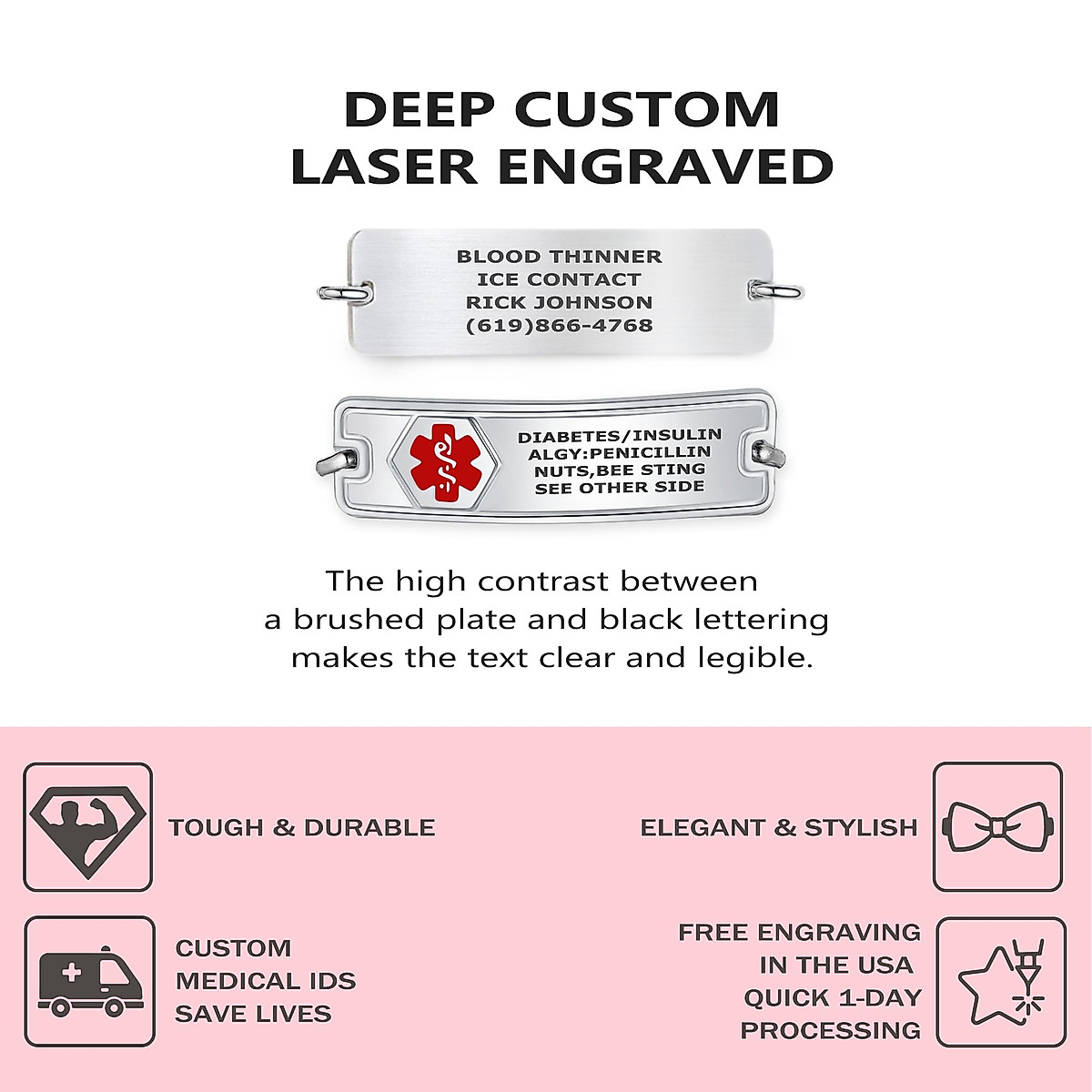 Divoti Dual-sided Engraved Elegant Rolo Medical Alert ID Bracelets for Women – Red - 7.5"