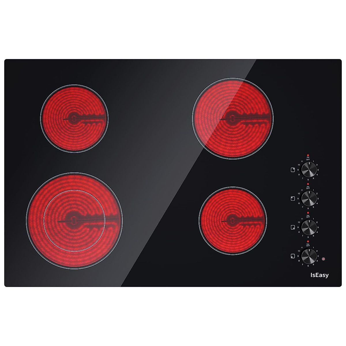 Electric Cooktop 30 inch Ceramic Stove 4 Burners Built-in Stove Top Electric Hot Plate Satin Glass cooktop in Black, Control by Knob/Timer/Child Safety Lock/9 Power Levelsr/220-240V 6700W