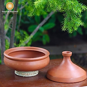Swadeshi Blessings Unglazed Clay Tajine Pot for Cooking with Lid/LEAD-FREE Earthen Tajine/Clay Tajine Cookware for baking +FREE ASH For Cleaning