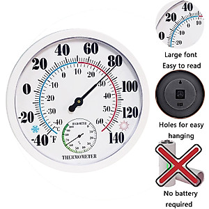 Indoor Outdoor Thermometer Hygrometer Large Wall Decor, 10 Inch Outdoor Thermometers for Patio Garden, Waterproof No Battery Needed Wall-Mounted Thermometers-White