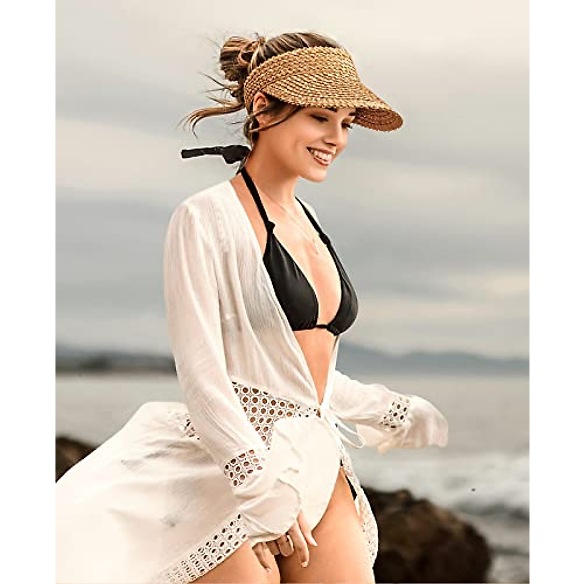 Visors for Women, Straw Sun Visors for Women Beach Hats for Women Packable Sun Hat Womens Visor Handmade Straw Hats for Women Khaki