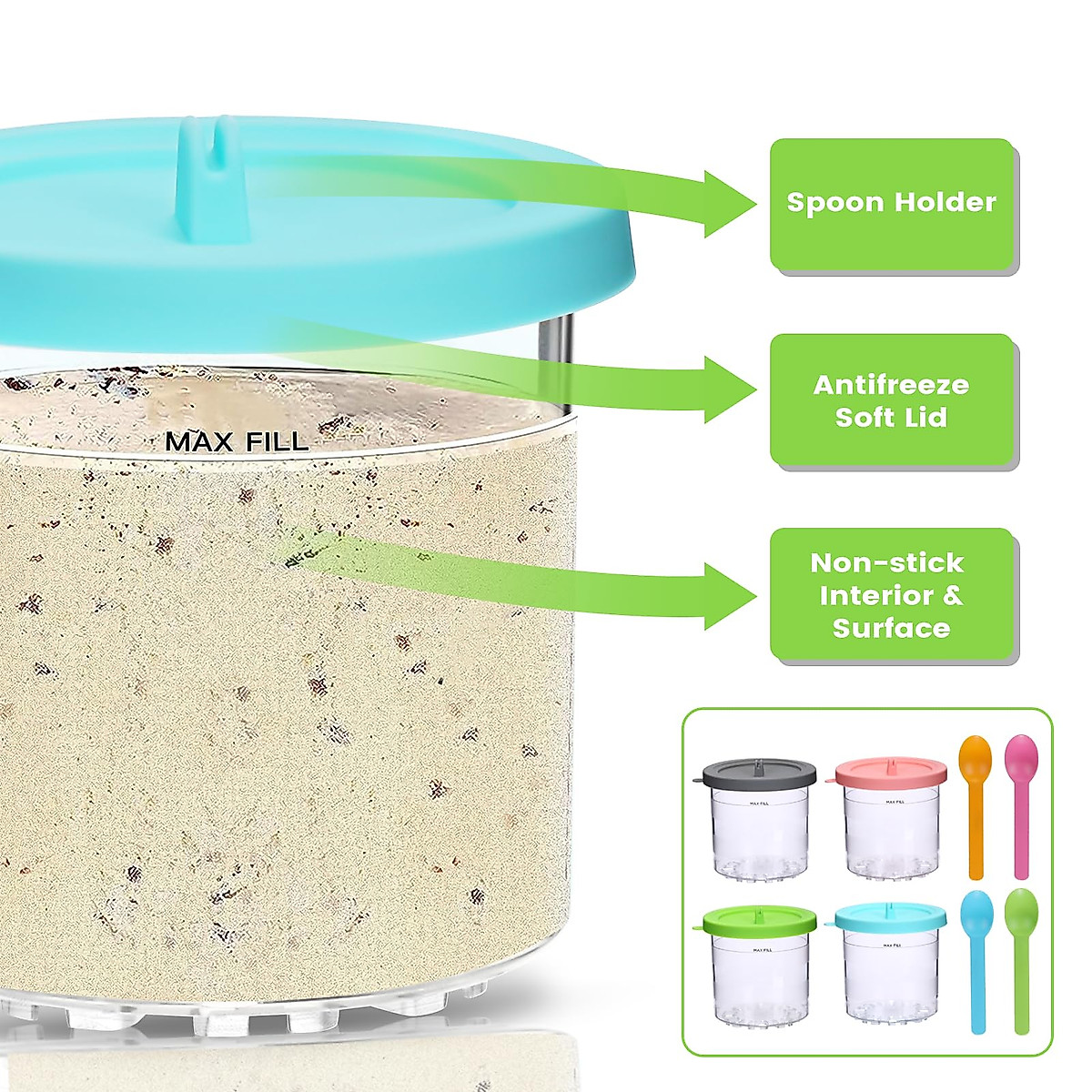 MOVAFEE 16 oz. Extra Pint | Containers Replacement for Ninja Creami Pints and Silicone Lids - 4 Pack, Compatible with Ninja Creami NC301 NC300 NC299AMZ Series Ice Cream Maker, MOV-NCP-04
