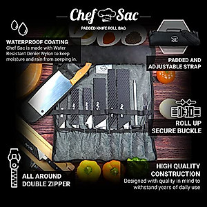 Chef Knife Bag Knife Roll Bag | 9 Slots for Knives Cleaver & Kitchen Utensils | 2 Large Zip Pockets | Padded Shoulder Sling Strap | Best Gift for Professional Chefs & Culinary Students (Grey)