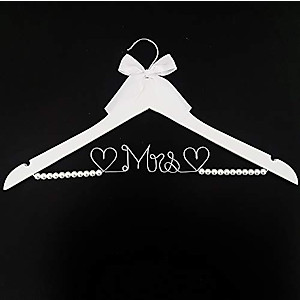Bridal Dress Hanger Solid Wood Dress Hangers Mrs Letter Hanger Wedding Gift (White Hanger Pearl and Silver Thread)