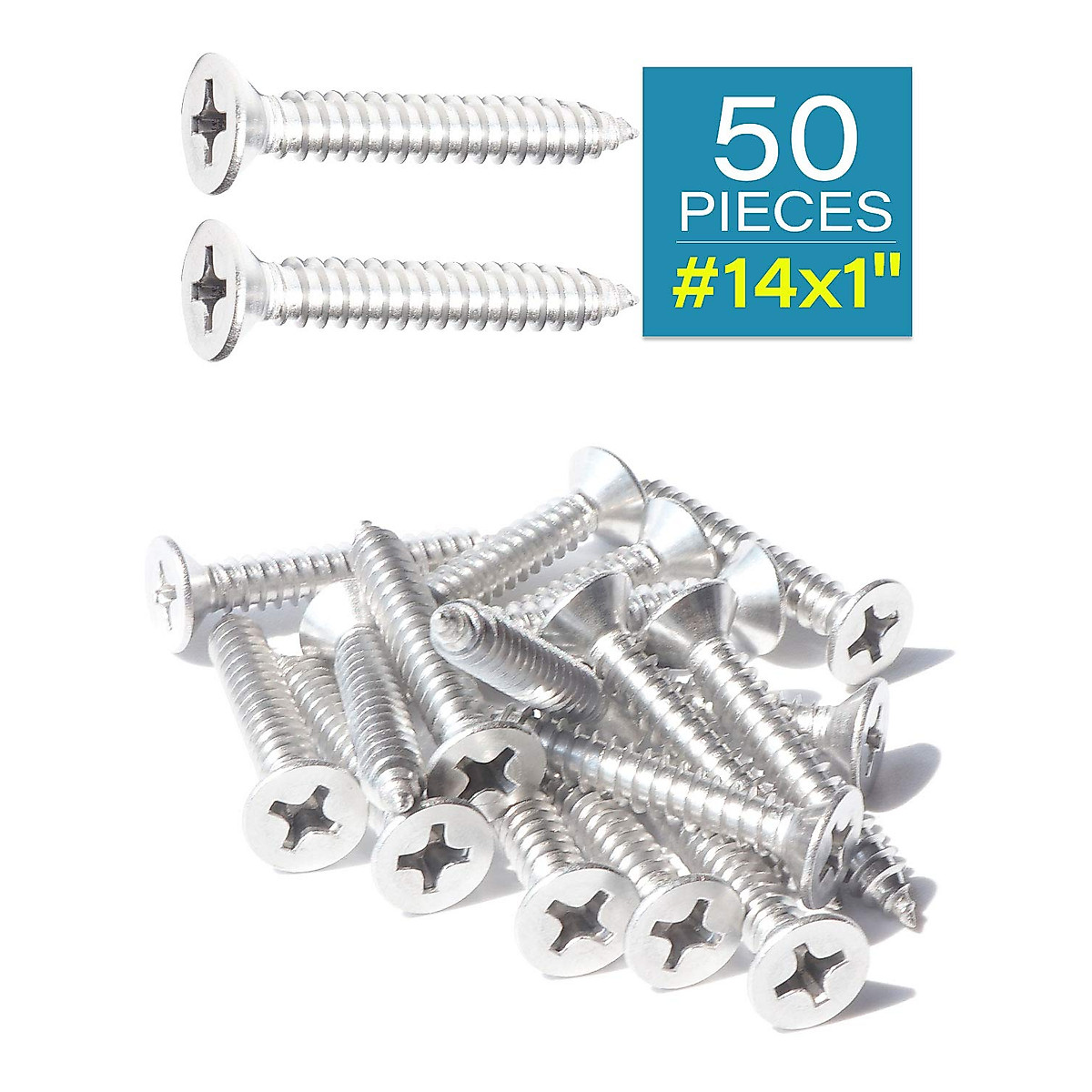 Stainless Steel Wood Screws #14 x 1 Inch Self Tapping Screws 50pcs, Flat Head Phillips 18/8 Stainless Steel Sheet Metal Screws for Cabinet, Wooden, Indoor and Outdoor Use by IMSCREWS