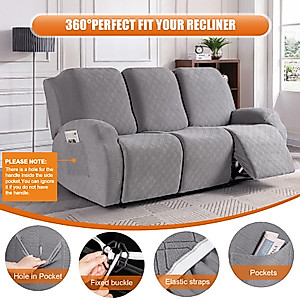 VANSOFY Recliner Cover, 3-Pieces Stretch Reclining Couch Covers with Pockets Reclining Sofa Slipcovers 3 Seater Soft Washable Furniture Protector for Dogs Cats(Light Gray)