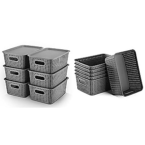 AREYZIN Sef of 12- Plastic Strage Baskets for Organizing 6 Pack + Lidded Storage Baskets Plastic Bins Organizer Containers 6 Pack