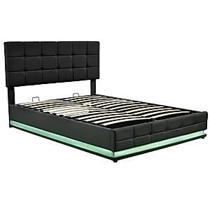 Morhome Queen Platform Upholstered Bed Frame with 4 Storage Drawers and Wingback Headboard, Diamond Stitched Button Tufted Bed Frame, No Box Spring Needed