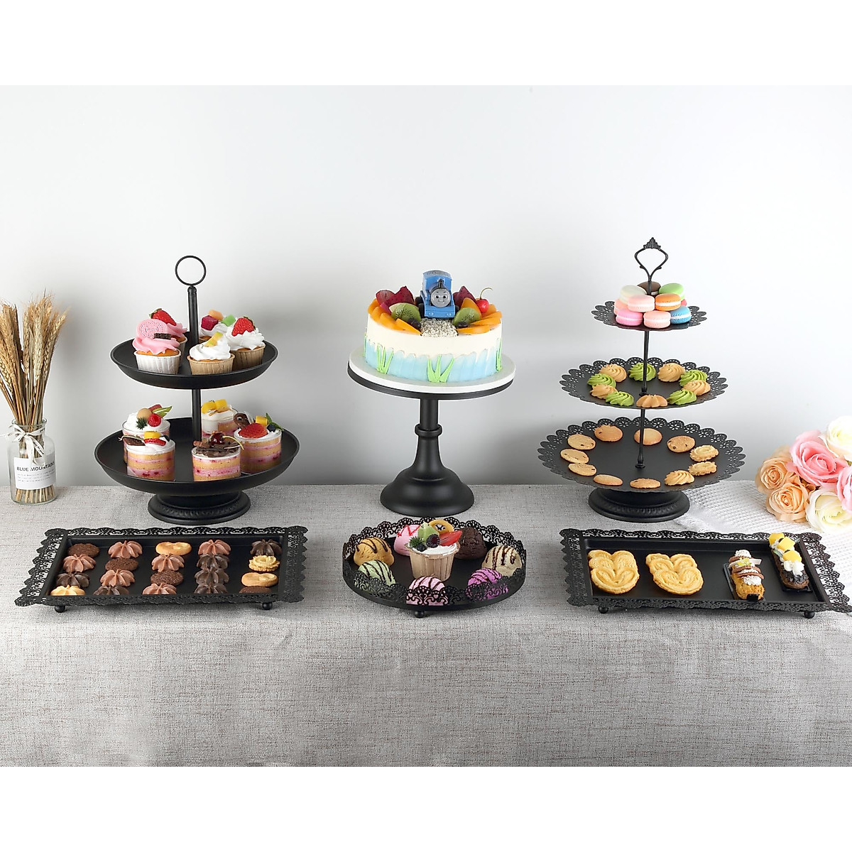 6 Pcs Metal Cake Stand Sets for Dessert Table, Cake Pop Stand Set & Dessert Table Trays & Tiered Cupcake Holder Perfect Display for Wedding, Party, Birthday, Baby Shower, Decorations (Matte Black)