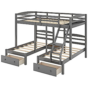 KoiHome Full Over Twin & Twin Bunk Bed with Full-Length Guardrail,Triple Bunk Bed with Built-in Drawers and Solid Slat Support for Teens Bedroom,Space-Saving Design, No Box Spring Needed, Grey
