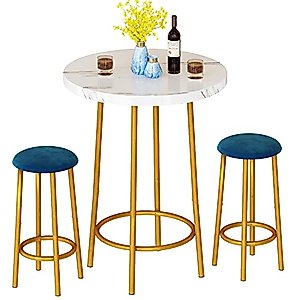 DKLGG 3 Piece Bar Table Set, Small Kitchen Table Set for 2, 24'' Round Pub Height Table Set with Faux Marble Table and 2 Stools Breakfast Nook Dining Table Set for Small Spaces, Dining Room, Blue