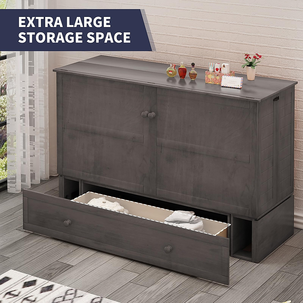 ijuicy Cube Murphy Bed Queen, Murphy Cabinet Chest Bed with Charging Station & 3 Level Foldable Memory Foam Mattress & & Large Drawer for Guests Room (Poplar Grey)