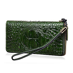 PIJUSHI Wristlet Wallet Crocodile Leather Wallets for Women Ladies Clutch Purse (1058 Green)