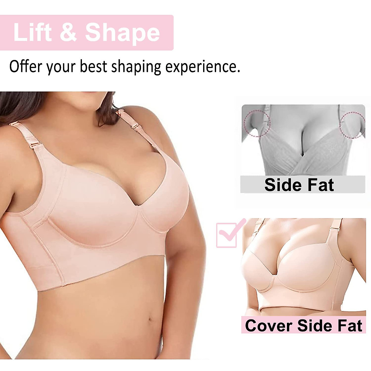 Fashion Deep Cup Bra Hides Back Fat Full Back Coverage Bra Bra with Shapewear Incorporated Plus Size Push Up Sports Bra (B, Nude, 38)