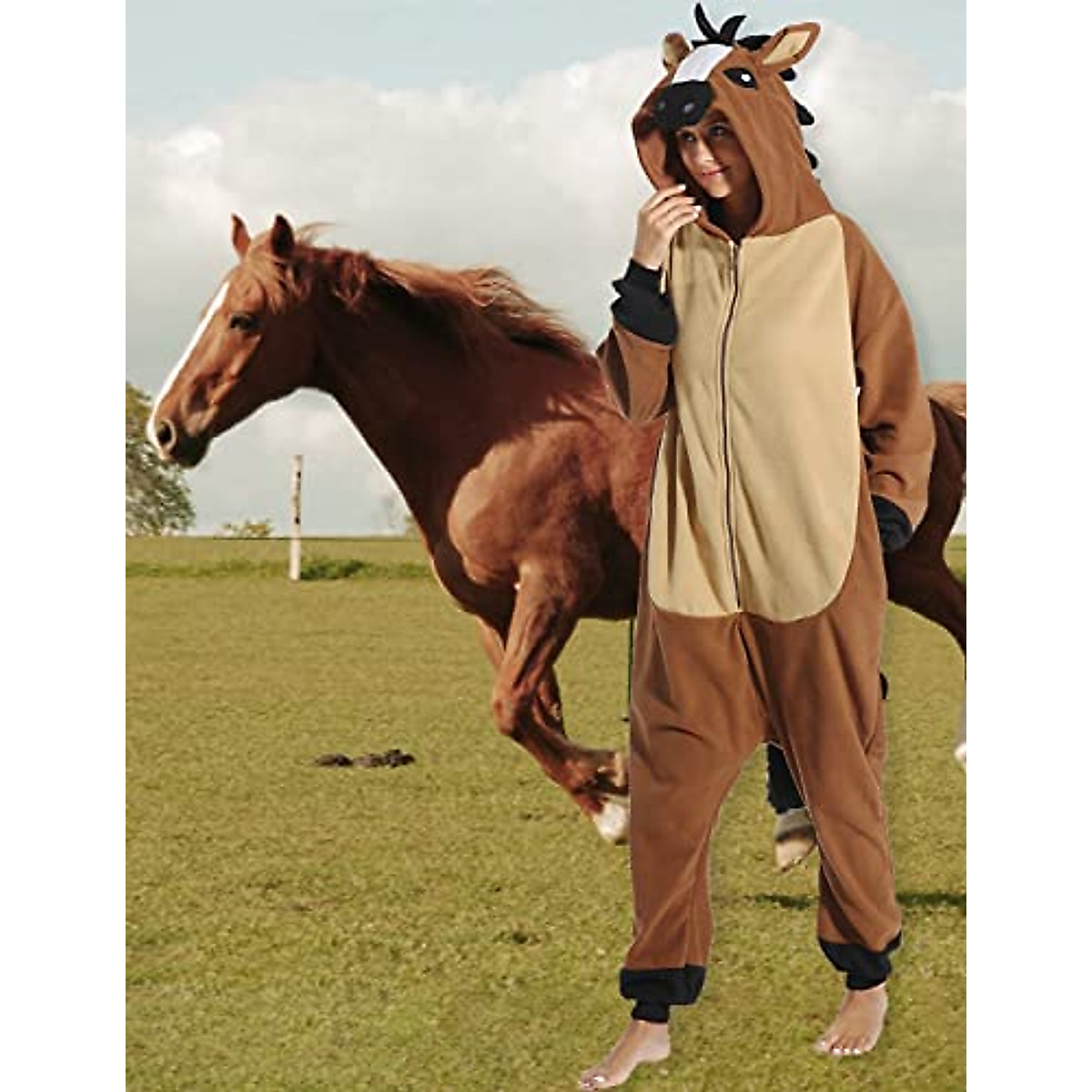Adult Horse Onesie Pajamas Animal Cosplay Homewear Sleepwear Jumpsuit Costume for Women Men Girls Boys Teens