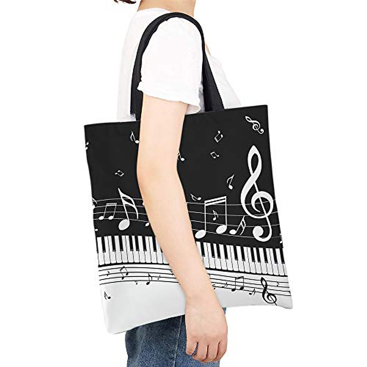 Moslion Music Note Canvas Bags Piano Keys Musical Keyboard Black White Tote Bags Laptop Bags Large Bulk Reusable for Women Men Work Study 15x16 Inch