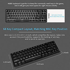 NACODEX K680T 60% Wireless/Wired Mechanical Keyboard - Compact 68 Keys 1000mAh Rechargeable Gaming/Office Keyboard Multi-Device for iOS Android Windows and Mac (Blue Switch White Backlit Black)