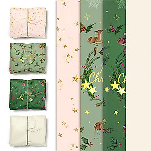 NICROHOME 24 Sheets Christmas Tissue Paper, Dark Green Pink Vintage Snowflake Wrapping Paper Set Bundle for Holiday Christmas Gift Bags Wrapping (20 x 15Inch)