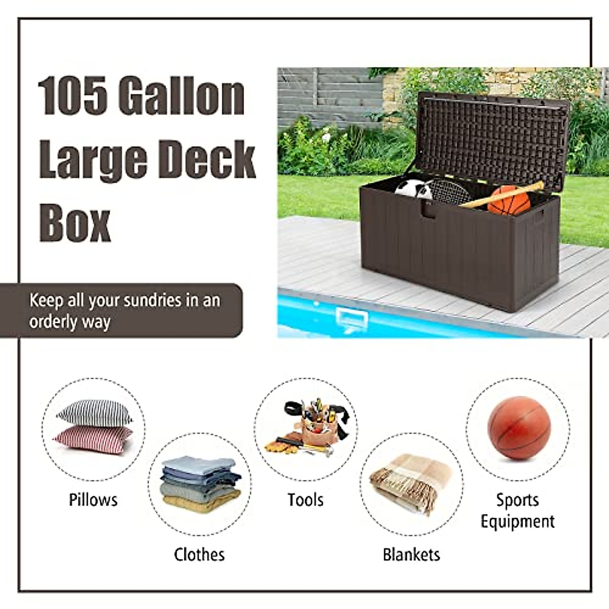Goplus 105 Gallon Deck Box, Extra Large Resin Storage Box with Lockable Lid for Cushions & Patio Furniture, Water Proof & UV Resistant, Outdoor Weather Resistant Deck Storage Box for Garden Pool Lawn