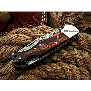 JNR TRADERS Damascus Pocket Knife with Sheath, Folding Knife, Handmade Small Folding Pocket Knife with Sheath, Wood Handle 2397