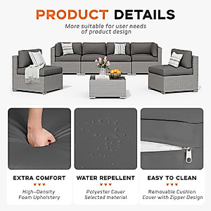 Betterland 7 Piece Outdoor Sectional Sofa Patio Furniture Set, All-Weather PE Grey Wicker Patio Conversation Set with Washable Cushion and Glass Table(Grey Cushions)