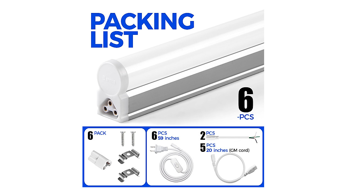 Barrina 6-Pack LED T5 Fixtures - Bright 4ft Shop & Utility Lights