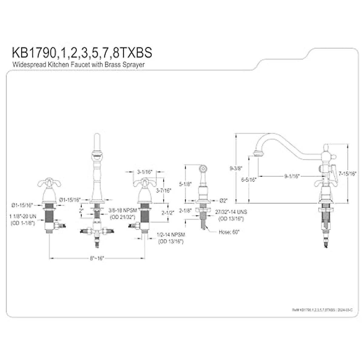 Kingston Brass KB1790TXBS French Country Widespread Kitchen Faucet with Brass Sprayer, Matte Black