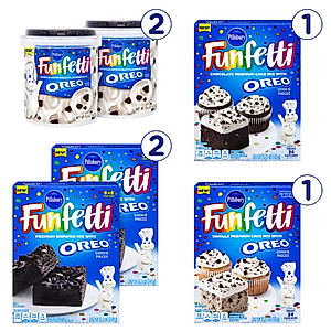 Pillsbury Funfetti Oreo Cake Mix, Brownie Mix, and Frosting Variety Pack, Pack of 6, Chocolate and Vanilla Cake Mix, Chocolate Brownie Mix, Vanilla Frosting
