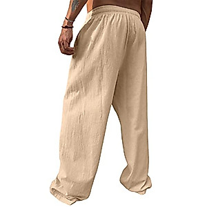 Mens Casual Linen Pants Loose Fit Lightweight Drawstring Summer Beach Yoga Pants Long Trousers Khaki