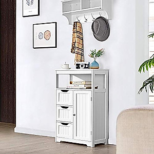 Yaheetech Bathroom Floor Cabinet Wooden Storage Organizer with 1 Door and 3 Drawers, Free-Standing Cupboard for Kitchen/Living Room/Bathroom Use, White
