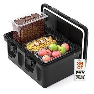 PYY Insulated Food Pan Carrier - 36QT Hot Box Food Warmer Box Stackable Top Load LLDPE Commercial Food Warmers with Three 1/3 Size PC Food Pans 4 Buckles for Restaurant Canteen Buffet Party Black