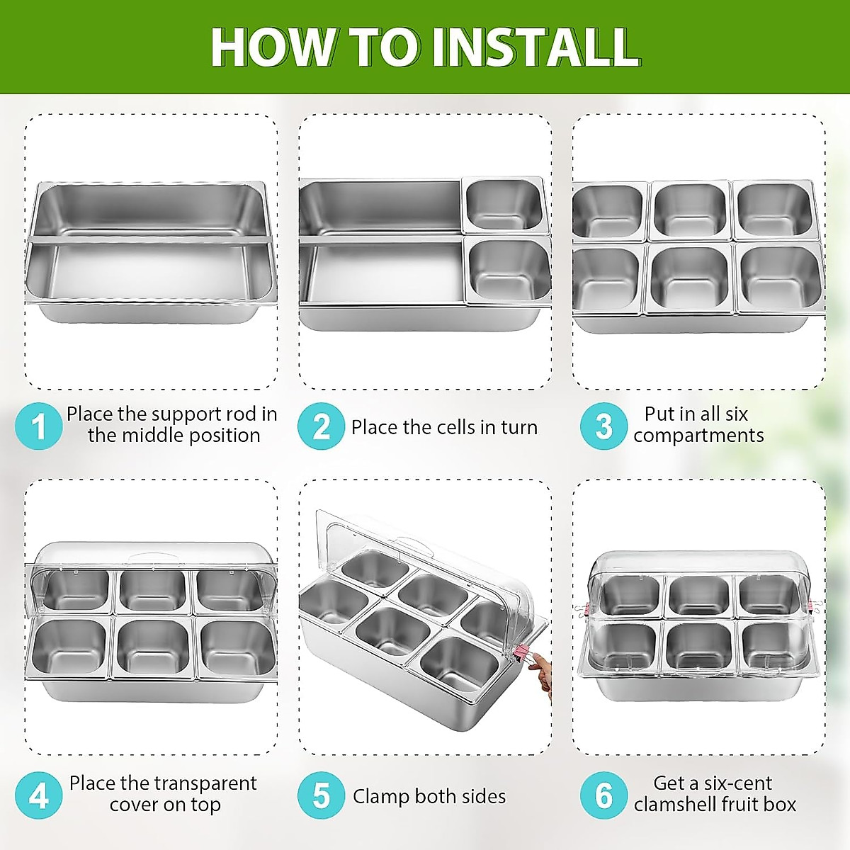 GCIUEMMH Chilled Veggie Tray with Lid - Stainless Steel Food Serving Tray Buffet Condiment Dispenser 6 Pan Countertop Food Serving Container with Clear Top Cover for Seafood Fruit Party Buffet Tray