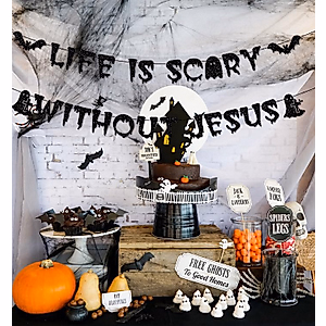 Life is Scary Without Jesus Banner for Christian Halloween Decorations, Christian Halloween Favors Banner, Halloween Jesus Bulletin Board Decorations Banner, Life is Scary Without Jesus Decorations LIS