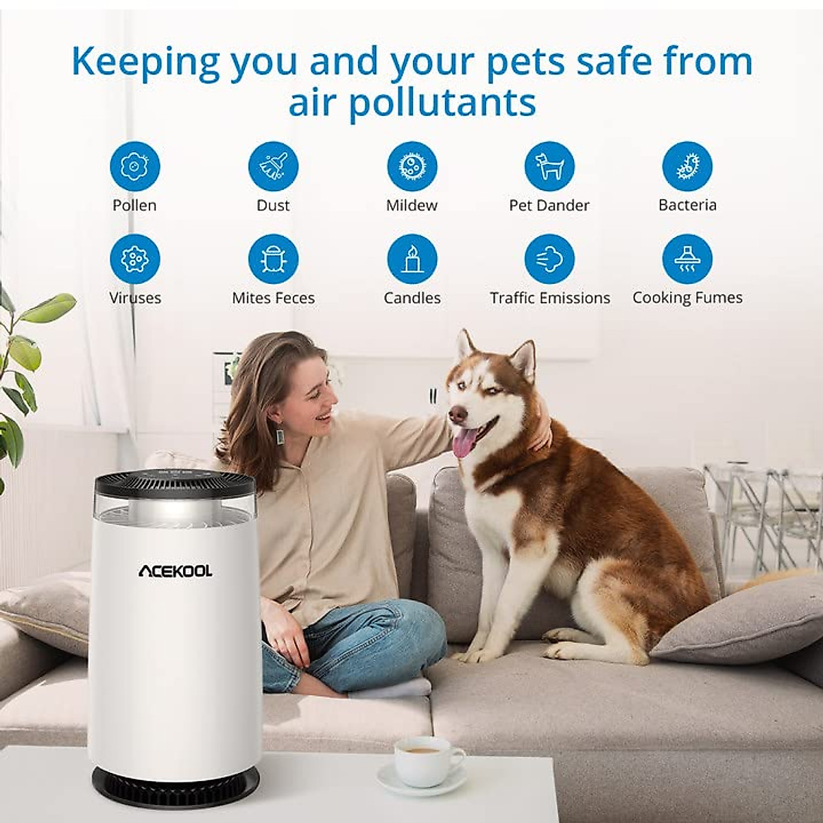 Acekool AD4 Air Purifiers for Home, Air Purifiers Air Cleaner For Smoke Pollen Dander Hair Smell Portable Air Purifier with Sleep Mode Speed Control, 24dB Quiet Air Purifier